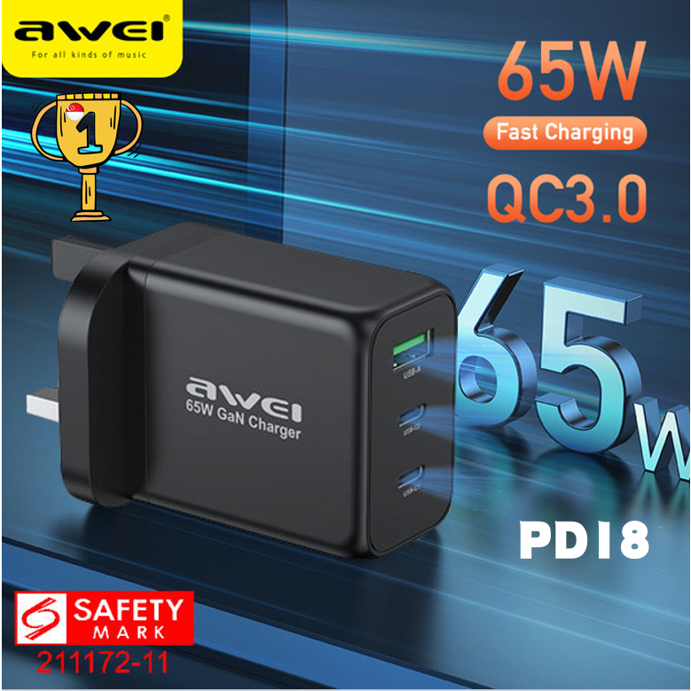 [Safety Mark] Singapore AWEI GaN Fast Charger Quick Charge 2 Type C PD ...