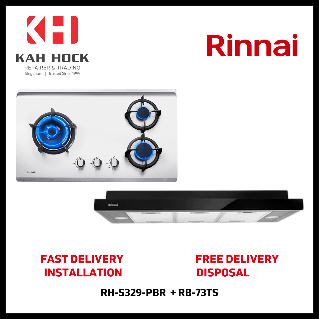 RINNAI RH-S329-PBR SLIMLINE HOOD + RB-73TS 3 BURNER STAINLESS STEEL BUILT-IN HOB BUNDLE ...