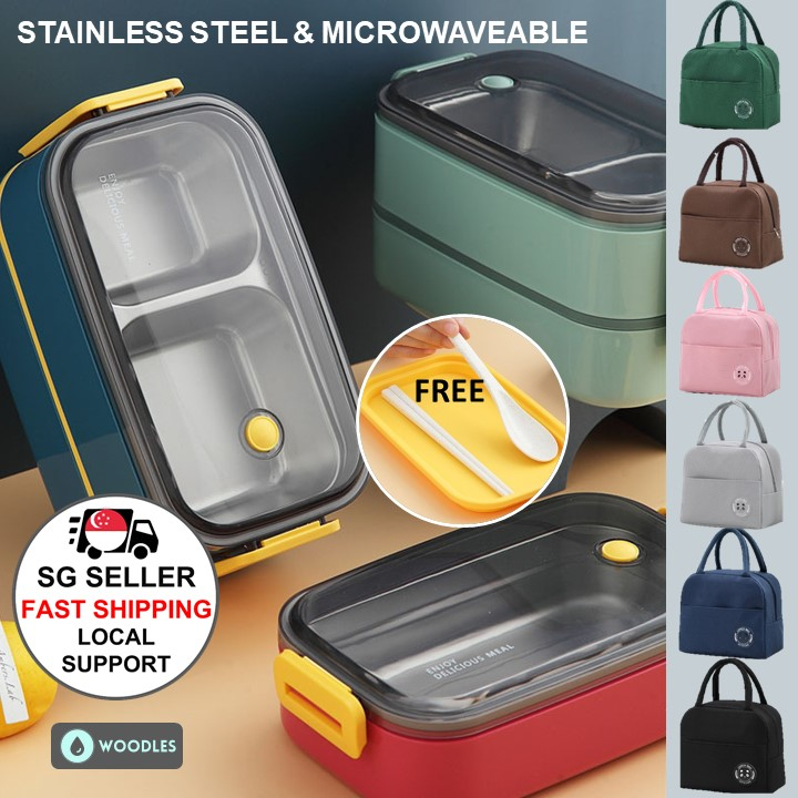 [SG Stock] WOODLES Color 2 Tier 1400ML Lunch Box Bento Thermal Bag 304 ...