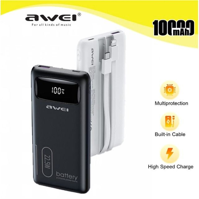 AWEI CCC With Cable QC Fast Charging Power Bank 10000mAh LED Display ...