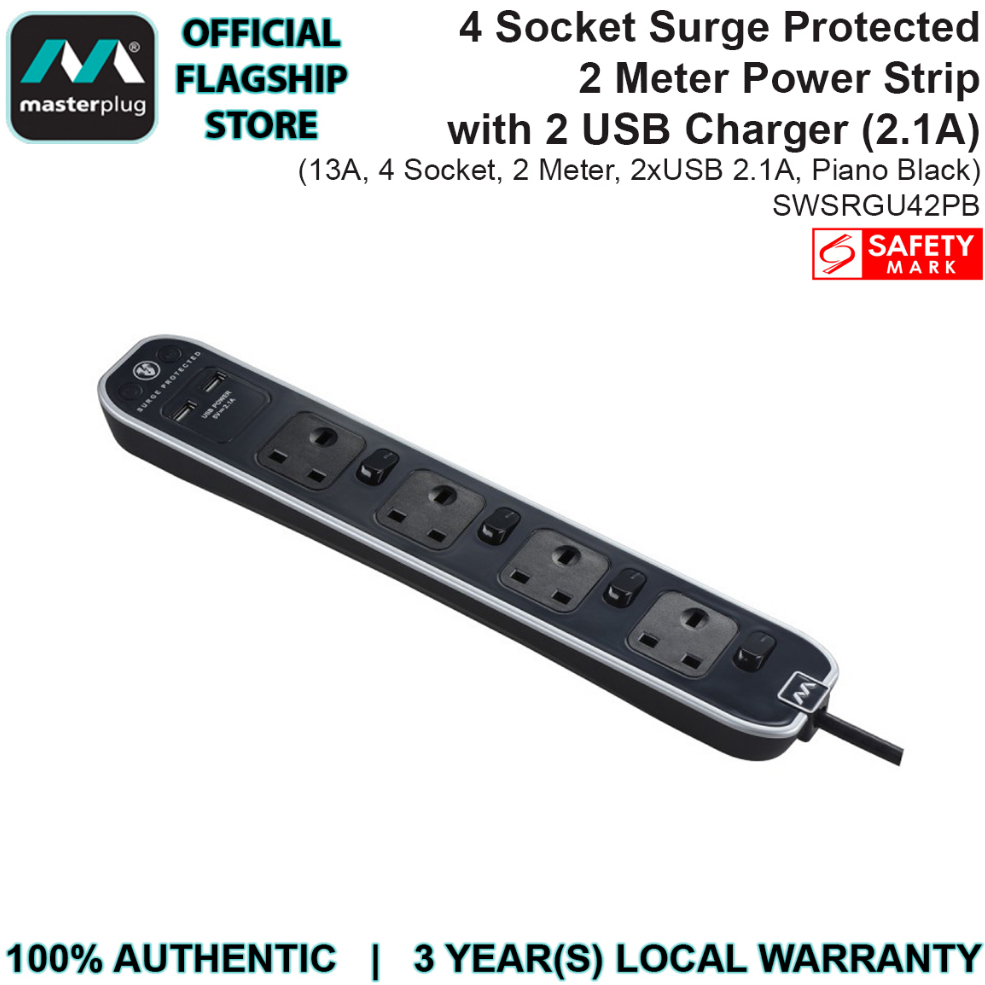 Masterplug SWSRGU42PB Individually Switched Surge Smart USB 2 X 2.1A ...