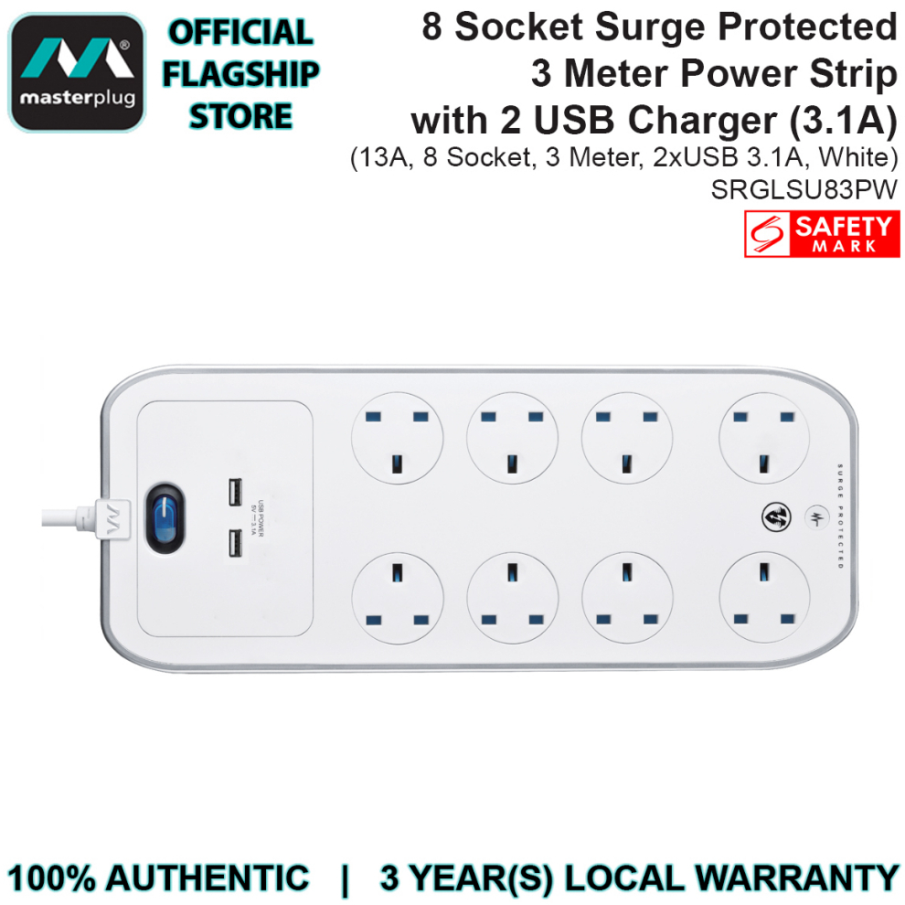 Masterplug SRGSU83PW, HIGH GLOSS USB Extension Lead, Surge Protection ...