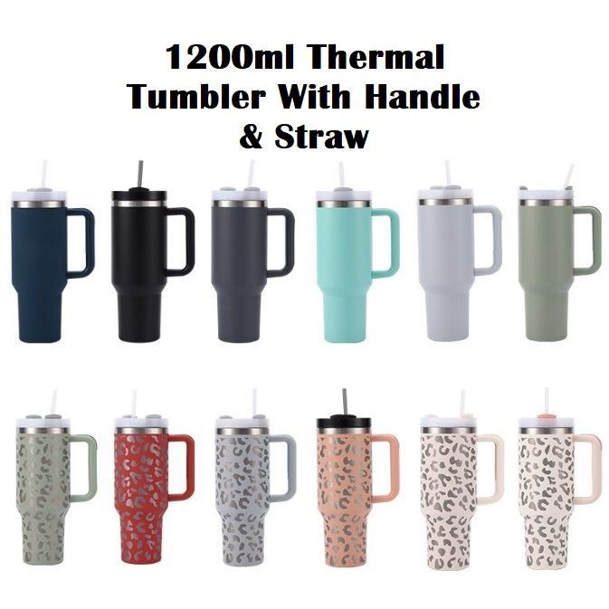 [SG] 1200ml 40oz Stainless Steel Thermal Cup Tumbler Side Handle & Straw Large Big Vacuum Double ...