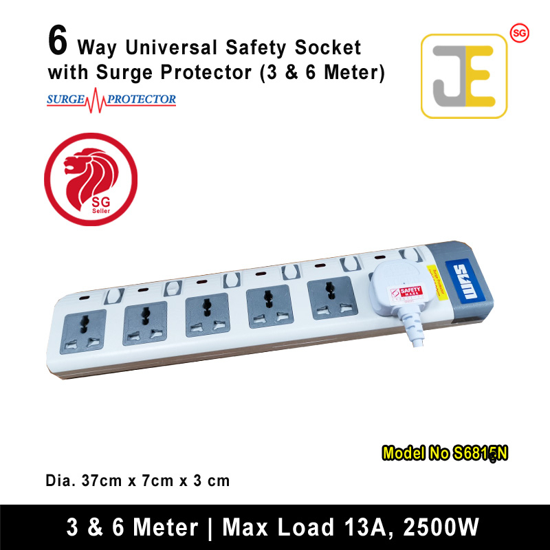 2 to 6 Way Universal Safety Extension Socket with Surge Protector (3 ...