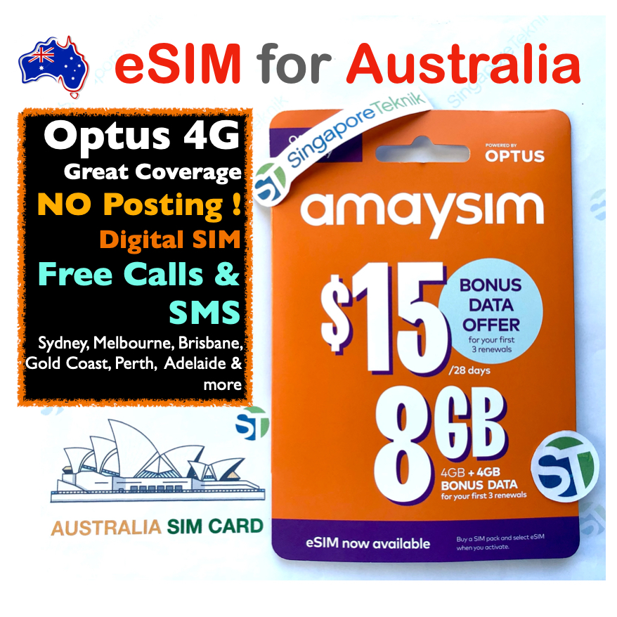 Australia eSIM SIM CARD 8GB DATA Free Local Calls SMS 28 Days Active OPTUS 4G Sydney Melbourne ...
