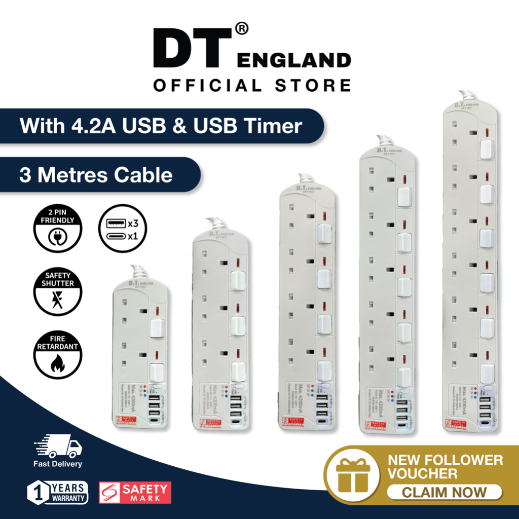 DT England 4 USB With TYPE C Charger and USB Timer Extension Socket 3 / ...