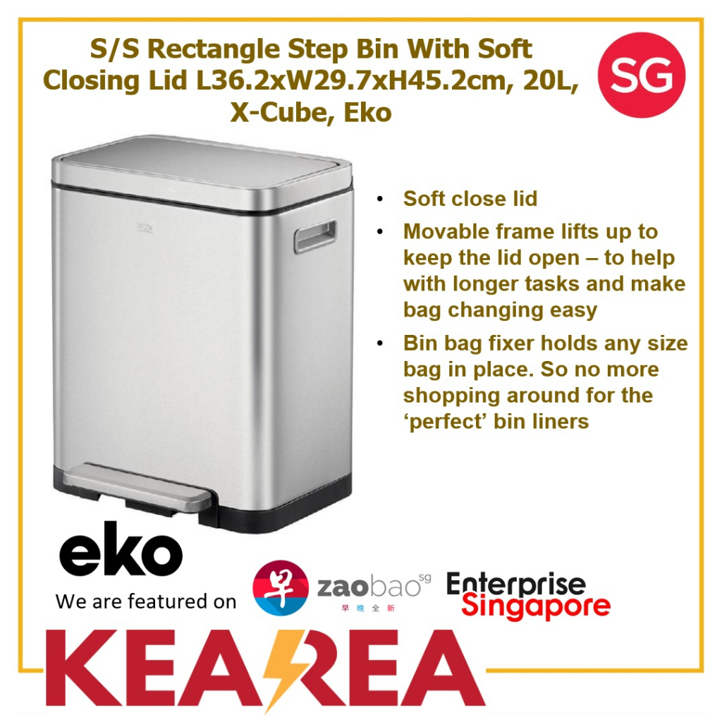 Eko X-Cube Stainless Steel Rectangle Step Bin With Soft Closing Lid 20L | Shopee Singapore