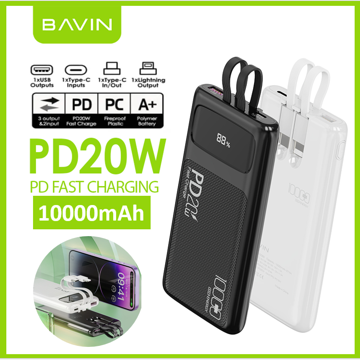 NEW Fast Charging BAVIN 10000mAh Power Bank with Inbuilt Cables Slim ...