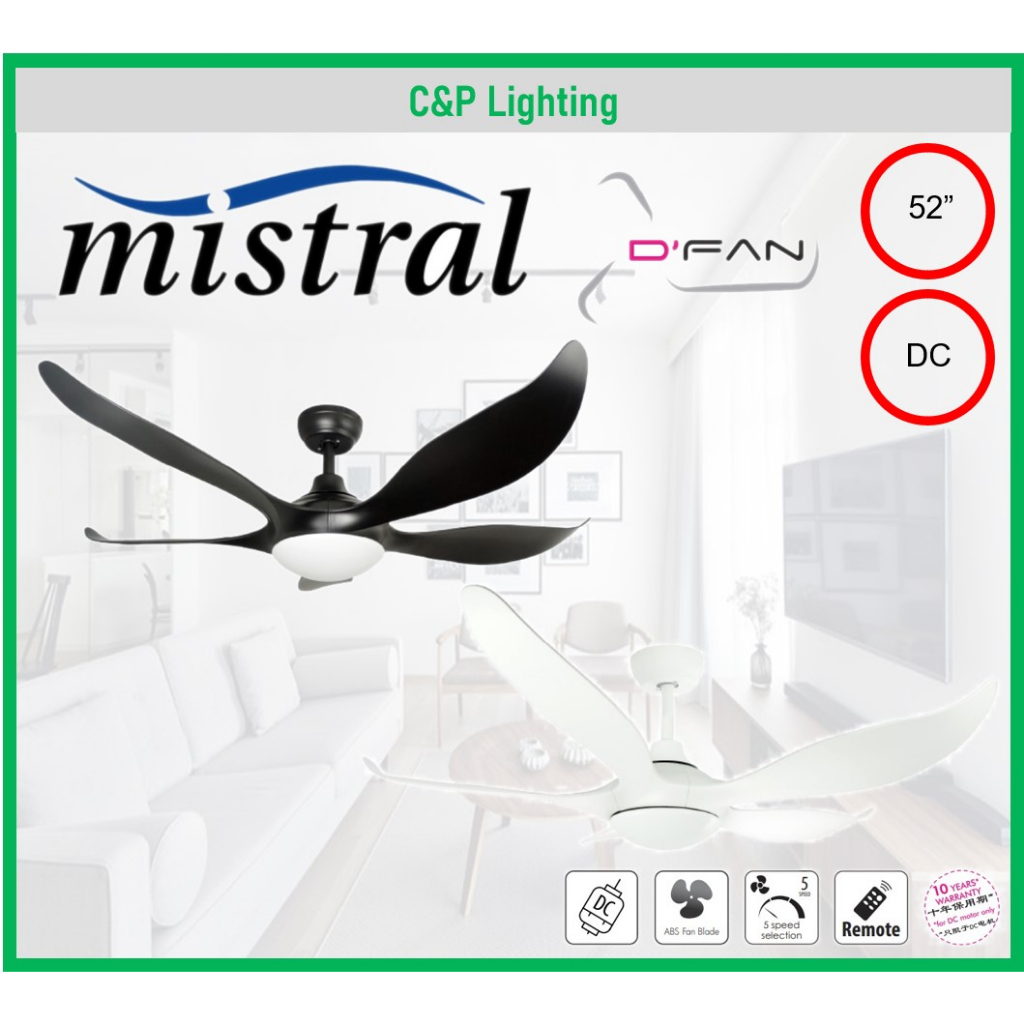 Mistral D Fan Typhoon 52" DC 5 Blades Ceiling Fan with Tri-Color ...