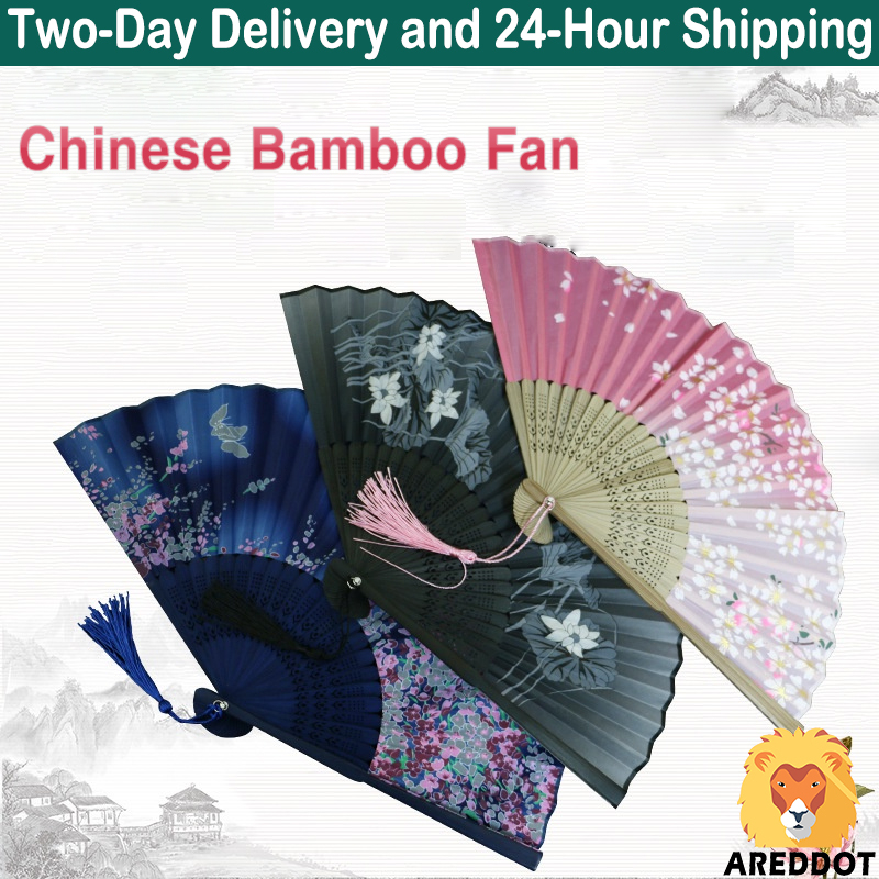 [SG STOCK] Vintage Silk Folding Fan Retro Chinese Bamboo Hand Folding ...