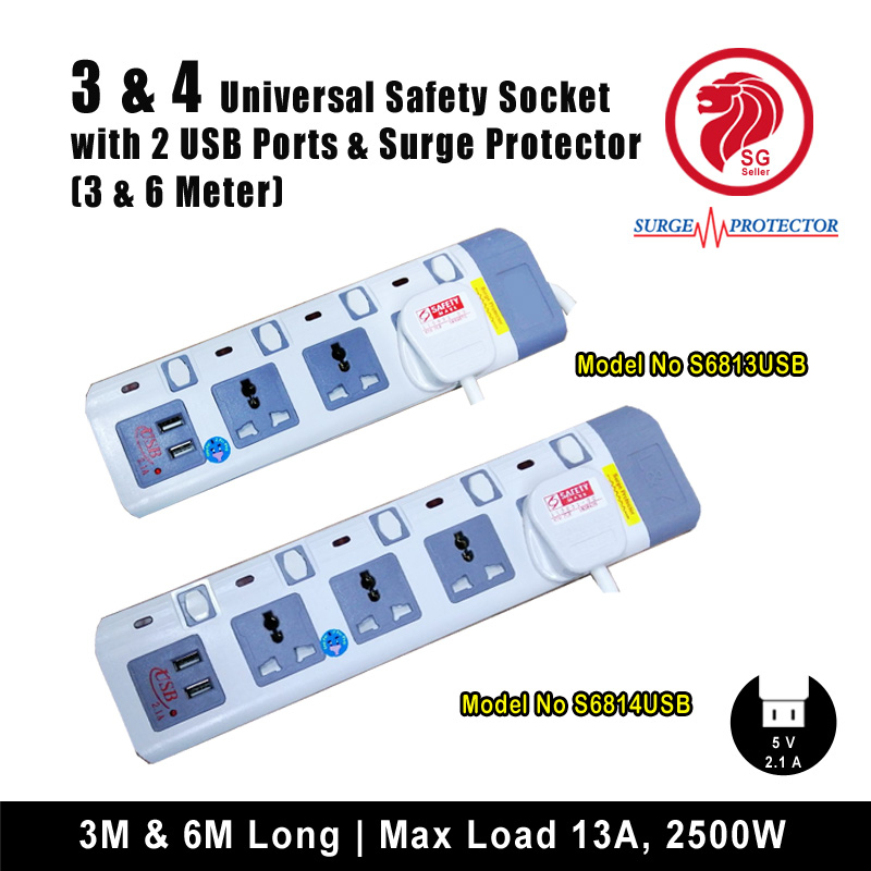 3 & 4 Way Universal Extension Travel Socket with 2 USB Ports (2.1A) and ...