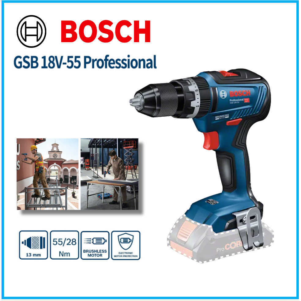 Bosch GSB 18V-55 Professional System Cordless Combi Drill Body Only | Shopee Singapore