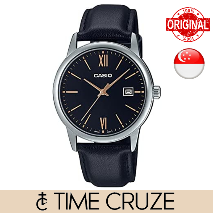 [Time Cruze] Casio MTP-V002 Analog Black Dial Rose Gold Tone Indexes Leather Men Watch MTP-V002L ...