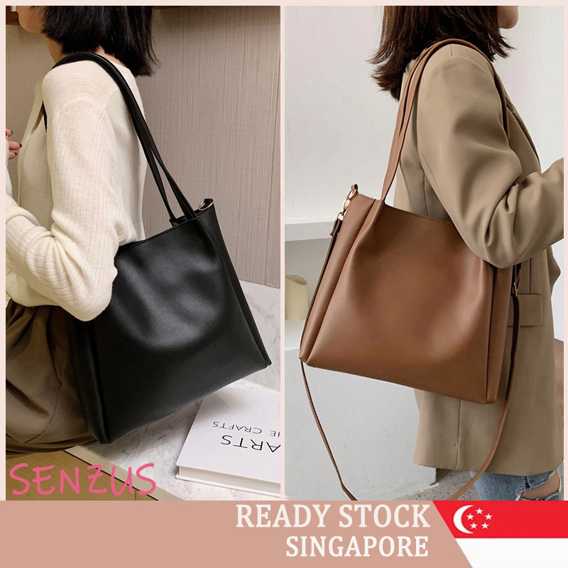 [SG SELLER] Women PU Leather Shoulder Bag Large Korean Simple Style ...