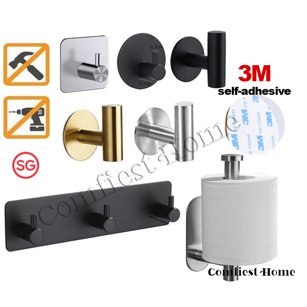 [SG] 2pcs/1pc 3M Self Adhesive Hook(304Stainless Steel)Toilet Bath Wall ...