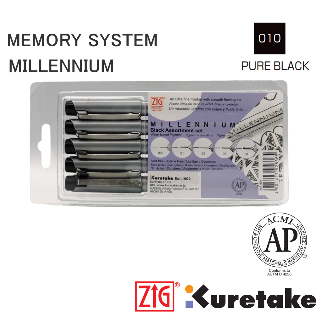 Zig Memory System Millennium Pure Black Fine Writer Assortment 5pcs Pen ...