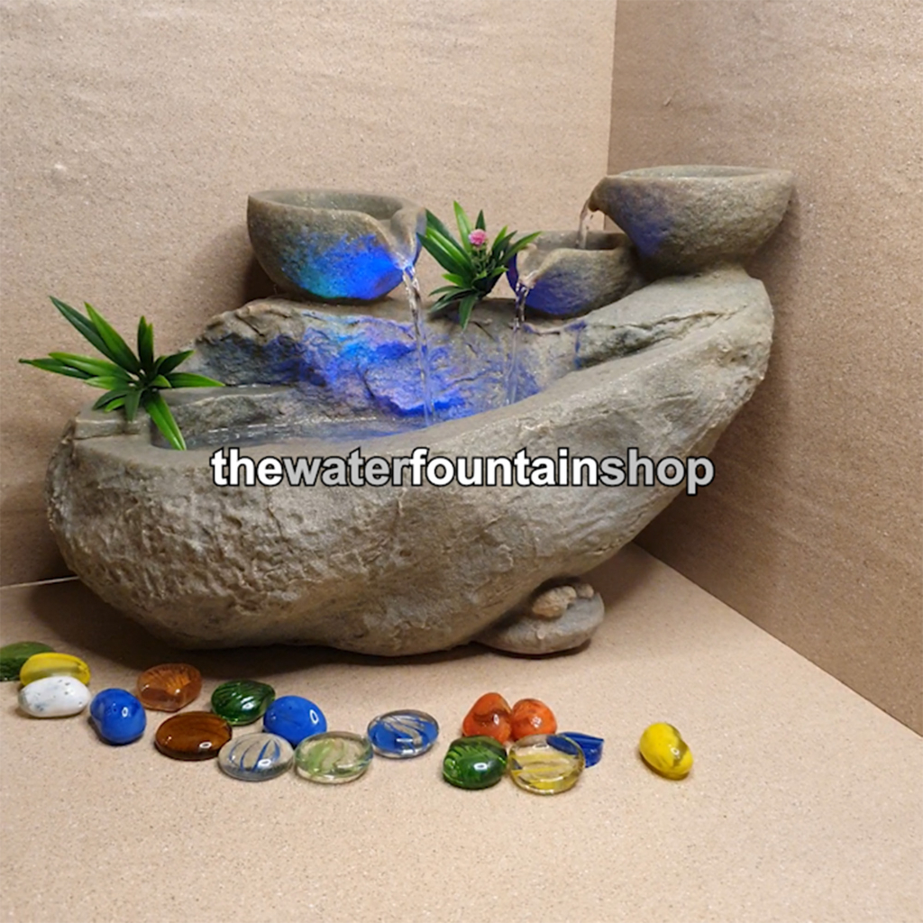 Indoor Desktop Rocky Three Bowl Water Fountain Feature With LED Light ...