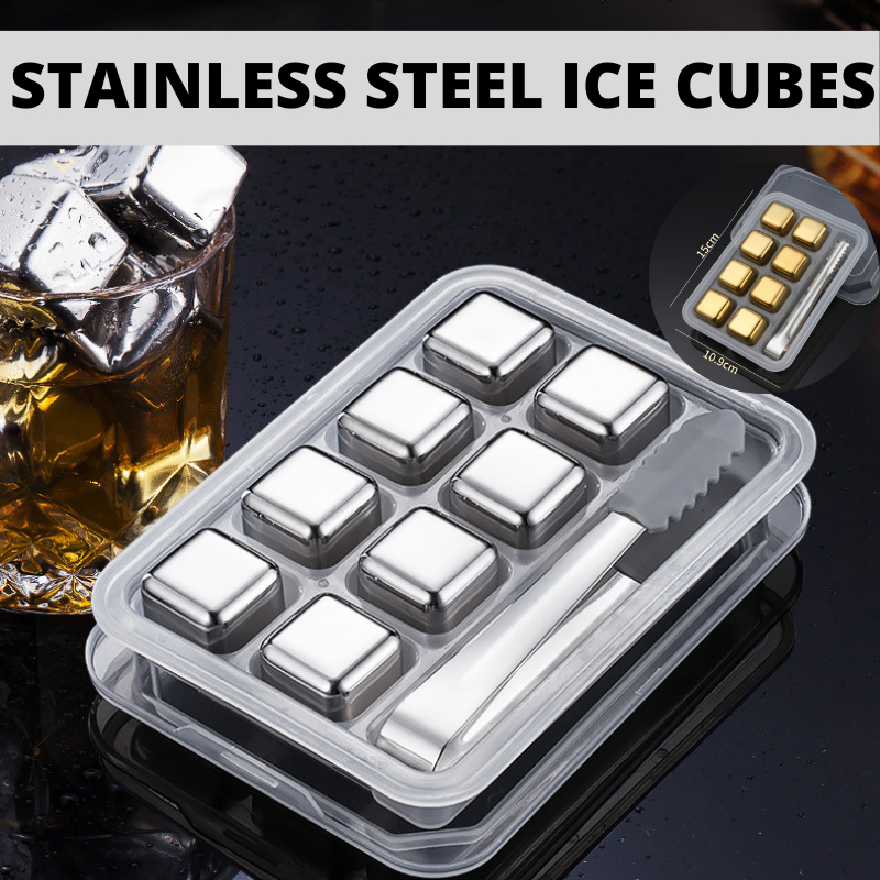 Stainless Steel Ice Cubes (Set of 4/8 cubes + tongs) Quick Freeze ...