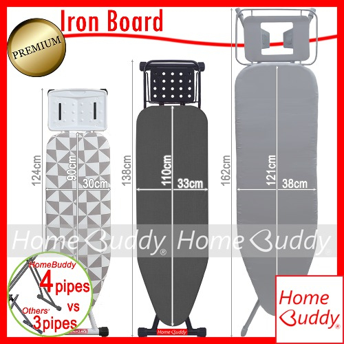 ★SG★ Iron Board 90x30cm 110x33cm 121x38cm. 4-PIPES THICK Frame. Height ...