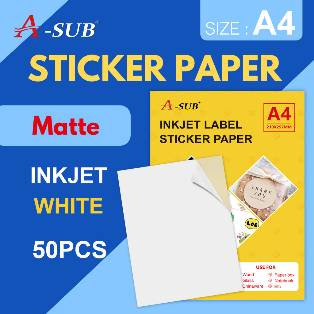 【Sticker Paper Matte】A-SUB Self-Adhesive Matte Sticker Paper for Inkjet/Laser Printers 50 pcs A4 ...