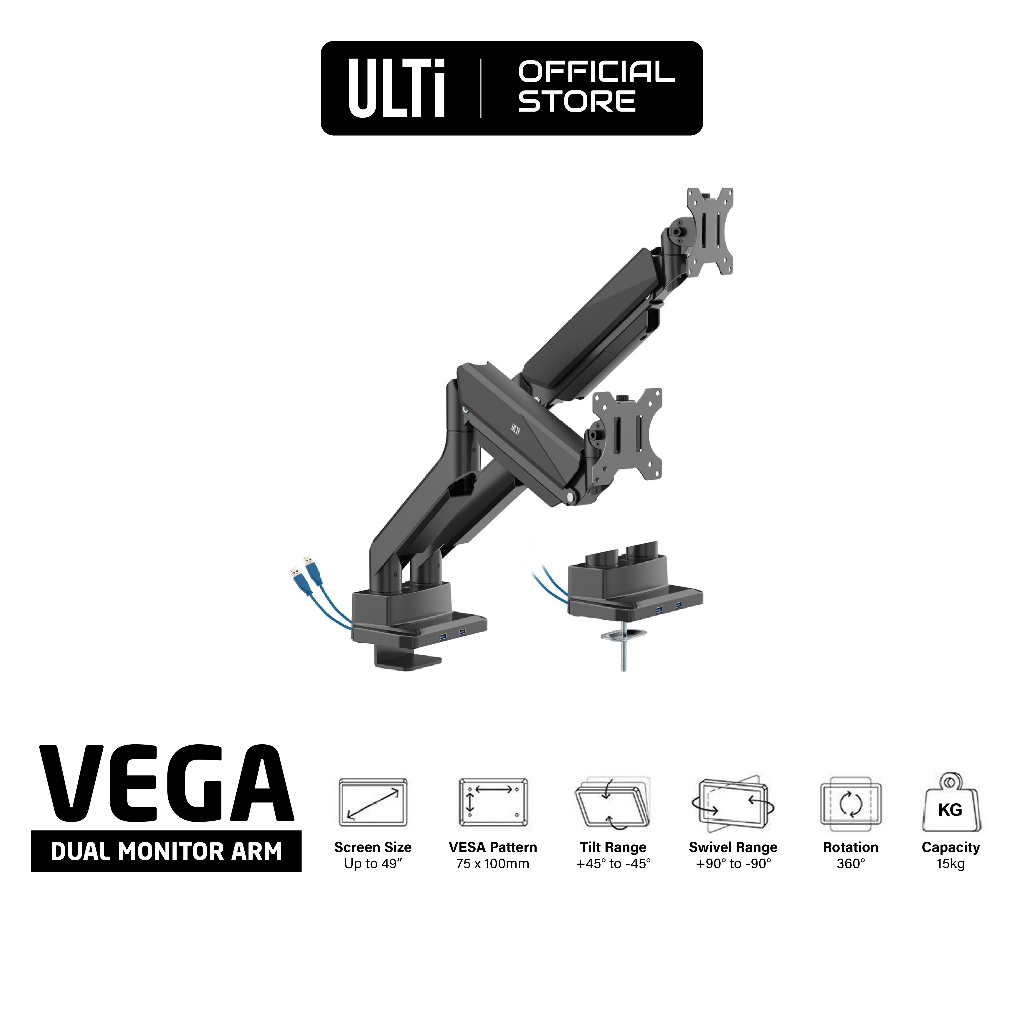 ULTi Vega Heavy Duty Dual Monitor Arm with USB 3.0 Ports, Compatible ...