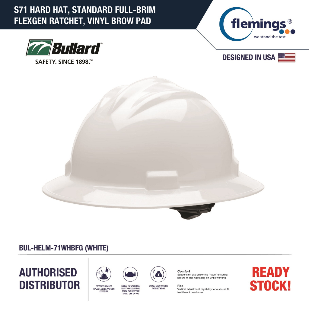 Bullard, S71 Safety Helmet "FULL BRIM", Colour: White, with FlexGen 4 ...