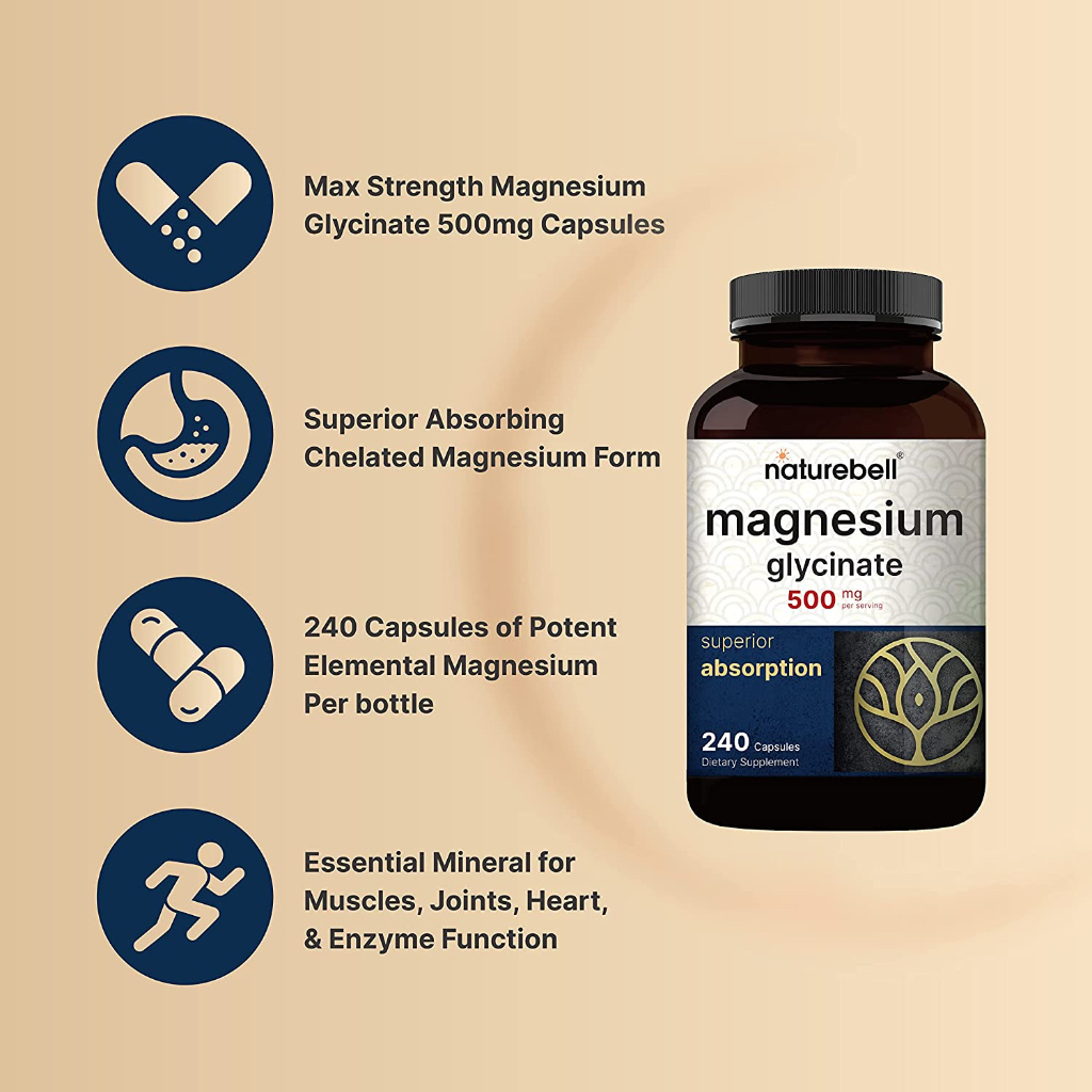 NatureBell Double Strength Magnesium Glycinate 500mg, 240 Capsules, 100 ...