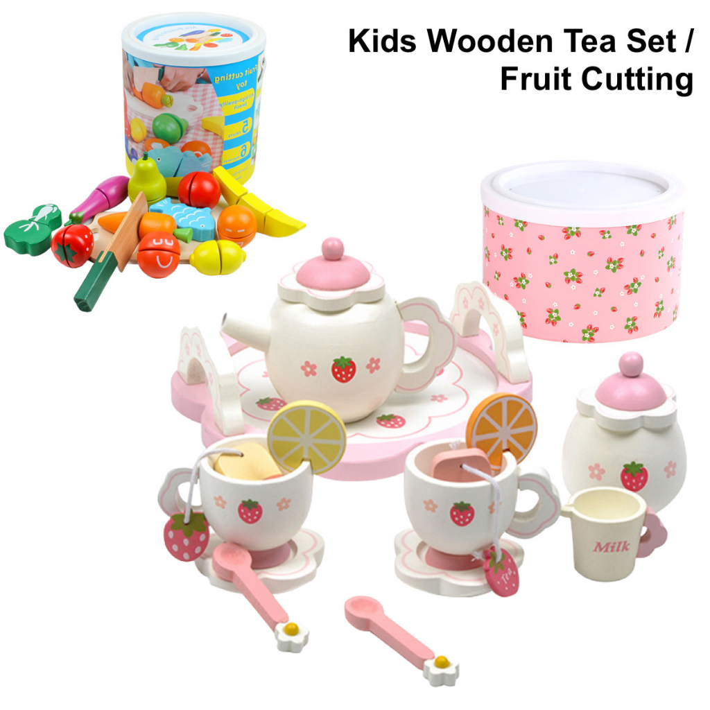 Kids Wooden Tea Cup Pretend Play Toys Children Fruit Cutting Toy ...