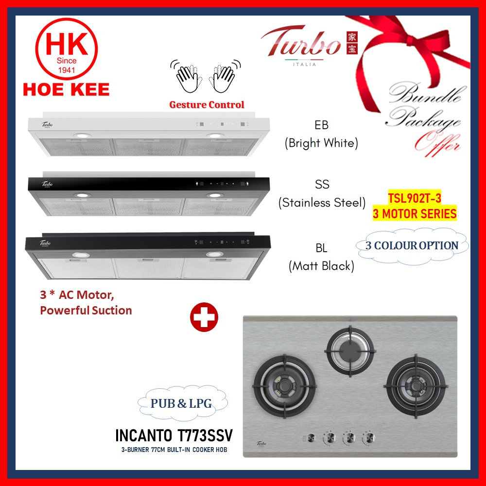 (HOOD+HOB) Turbo Incanto T773SSV 77cm 3 Burners Built-In Hob +Turbo Incanto TSL-902T 90cm ...