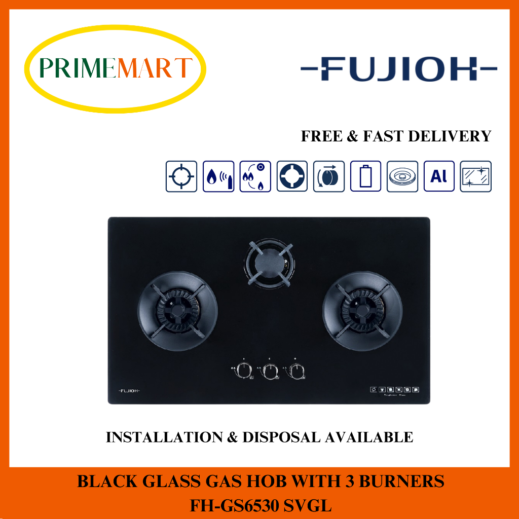 FUJIOH FH-GS6530 SVGL BLACK GLASS GAS HOB WITH 3 DIFFERENT BURNER SIZE ...