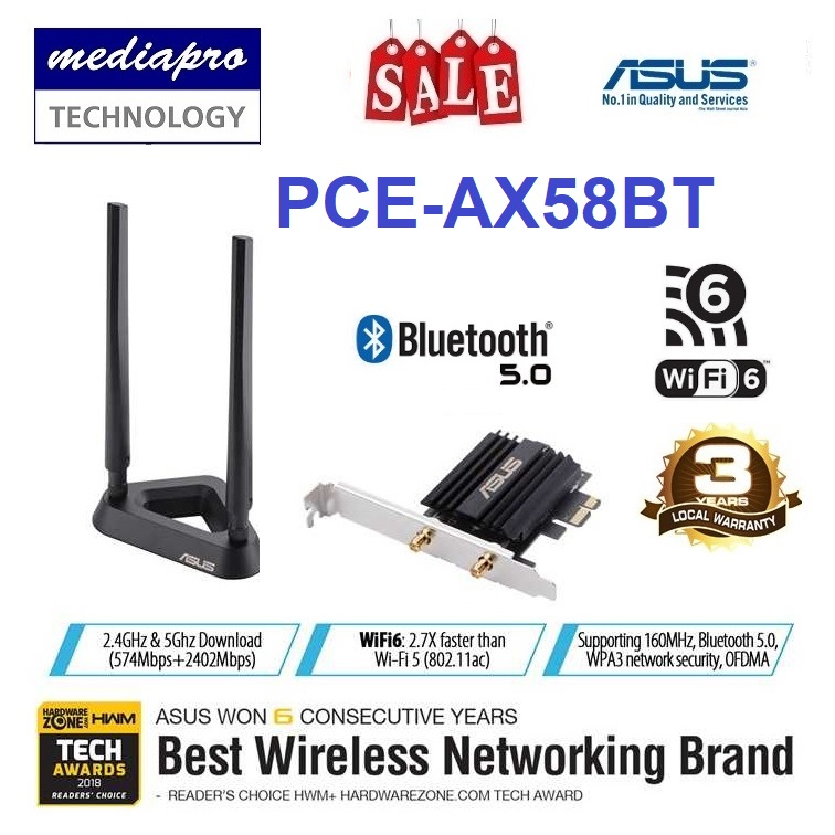 ASUS PCE-AX58BT AX3000 Dual Band PCI-E WiFi 6 (802.11ax) Adapter ...