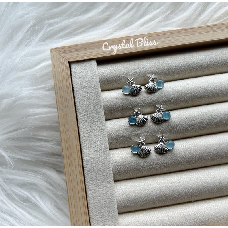 [CRYSTAL BLISS] Aquamarine Sea Shells Crystal 925 Silver Ear Studs ...