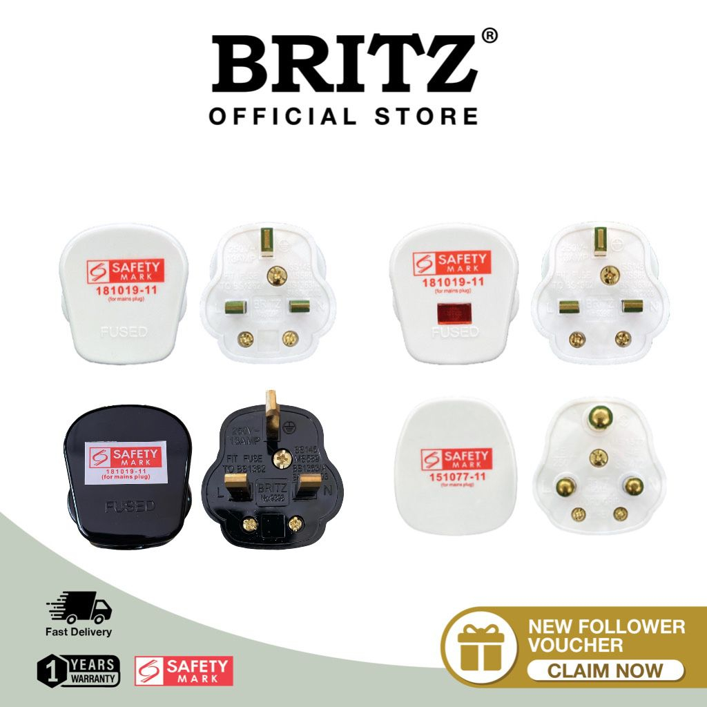 BRITZ Safety Mark 13A / 15A Plug Top (Black & White) | Shopee Singapore