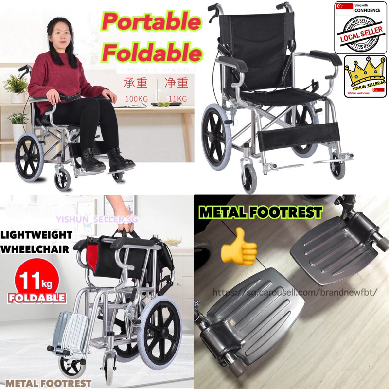 Wheelchair 11kg foldable lightweight strong metal footrest pushchair ...