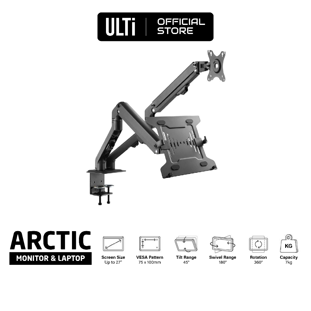 ULTi Arctic Monitor Arm w/ Laptop Tray Desk Mount Stand, Fits 2 ...