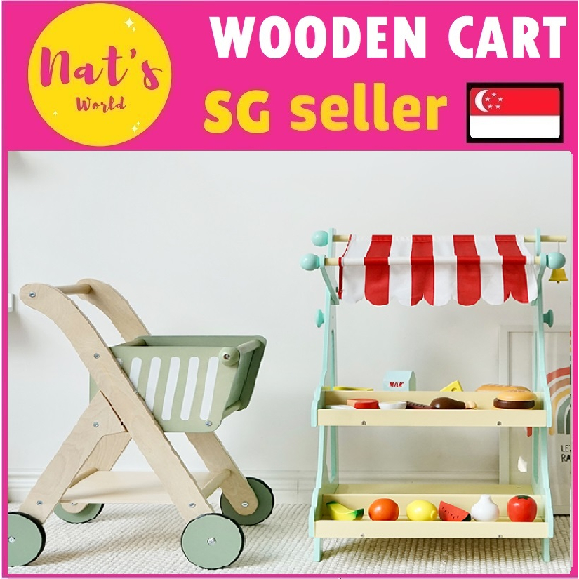 Wooden Shopping Cart kids Pretend-Play Wooden Toys walker (ins green ...