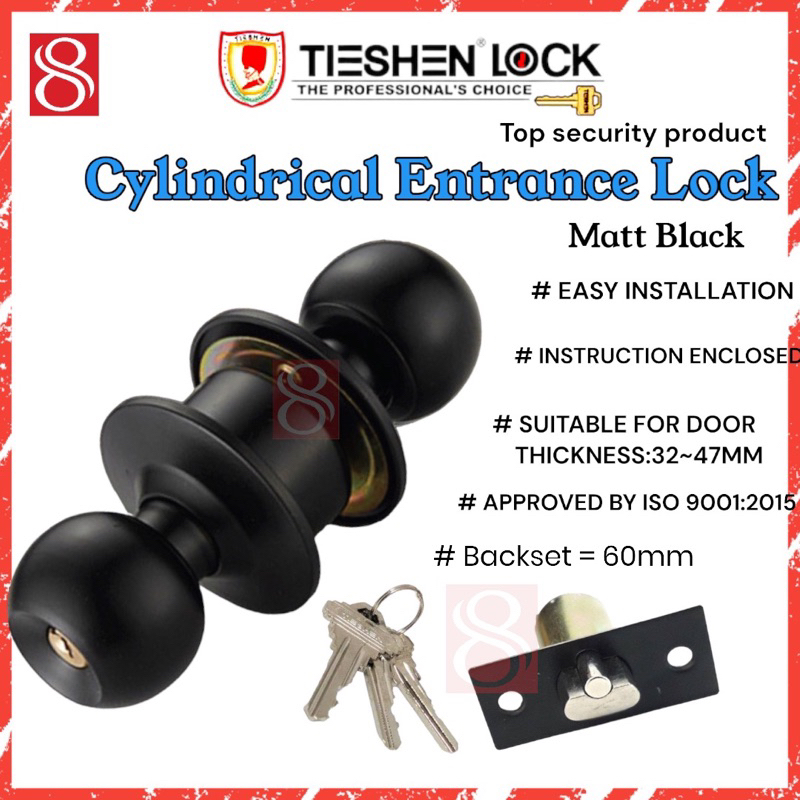 TIESHEN Matt black Cylindrical Bedroom Door Lock/ Bathroom wooden Door ...
