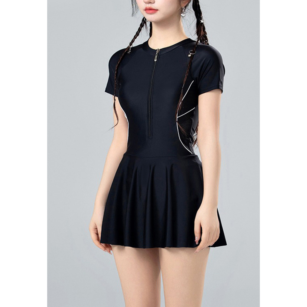 Short Sleeve Zip-front Swimdress (With Panelling) | Shopee Singapore