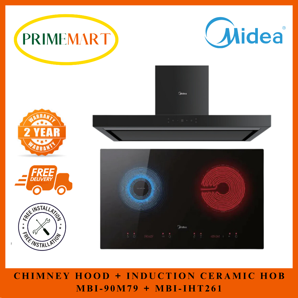 MIDEA MBI-90M79 CHIMNEY HOOD + MBI-IHT261 70CM HYBRID INDUCTION CERAMIC ...