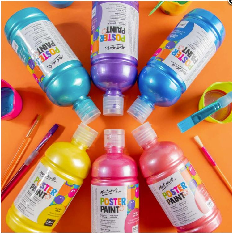 Mont Marte Poster Paint 500ml (16.91 US fl.oz) – Fluoro/Metallic Colors ...