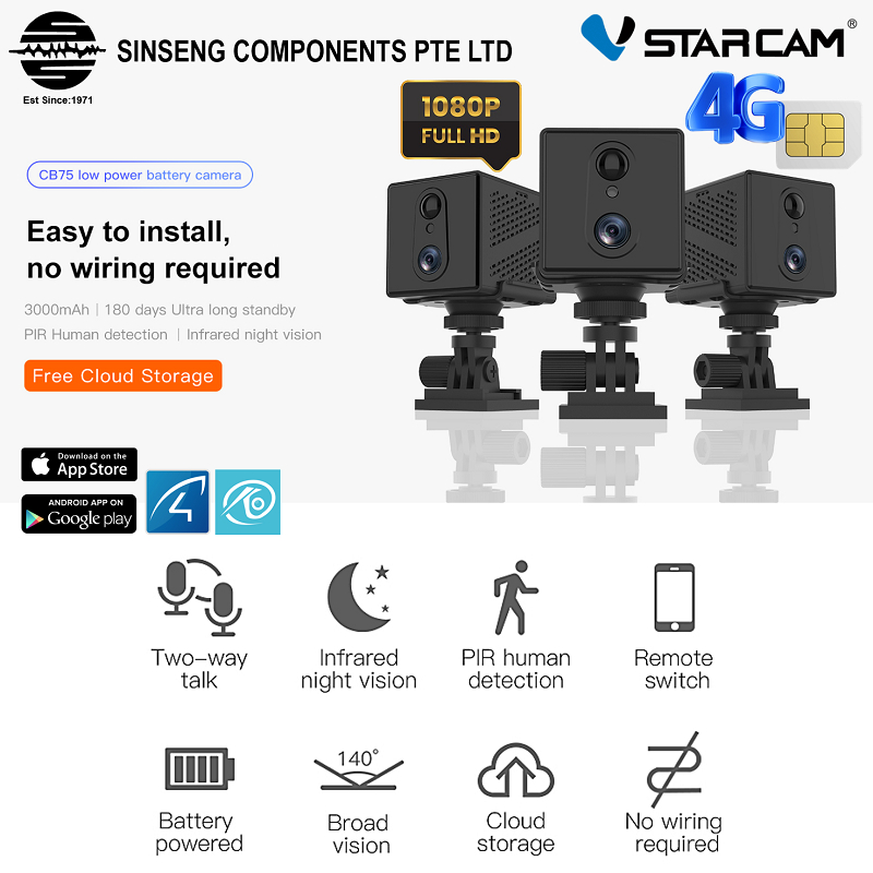 VStarcam CB75 4G Sim Card Wireless Mini IP Camera 2MP Rechargeable 3000mAh Battery CCTV Camera ...