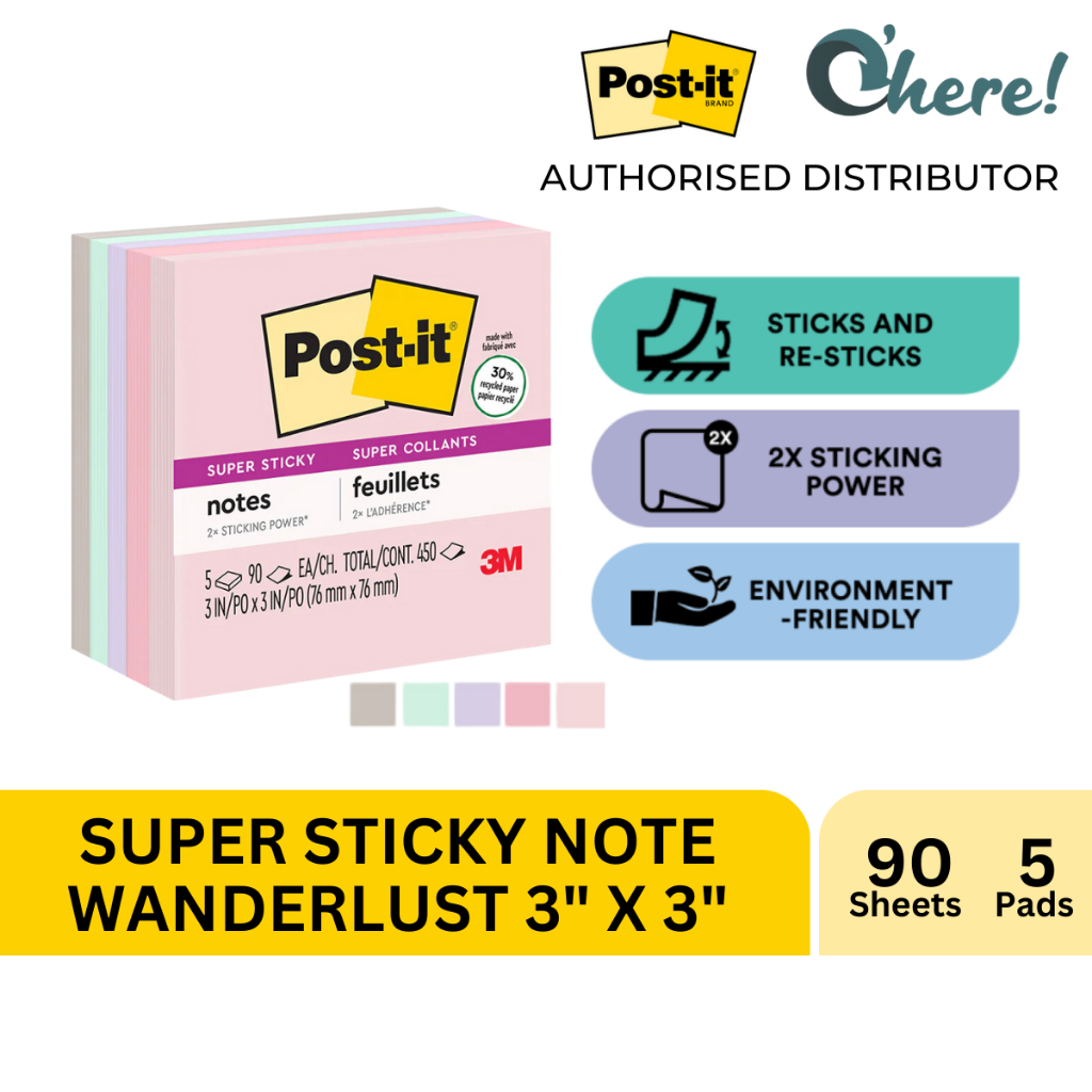 3M Post-it Super Sticky Recycled Wanderlust Pastel Note 3x3 inch 5 Pads ...