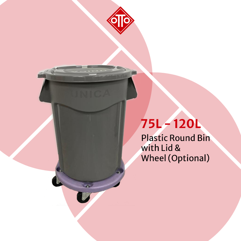 75L /120L Large Plastic Round Bin with Lid & Dolly Wheels (optional ...