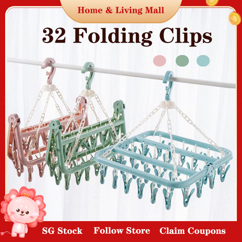 【SG Seller】32 Clips Folding Clothes dryer Hanger 2-Way No-Slant ...