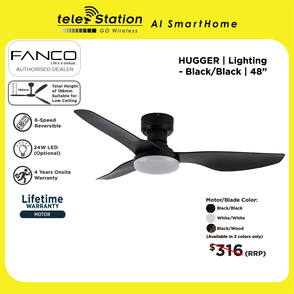 FANCO HUGGER Ceiling Fan w Light (188mm Total Height Suitable for Low ...