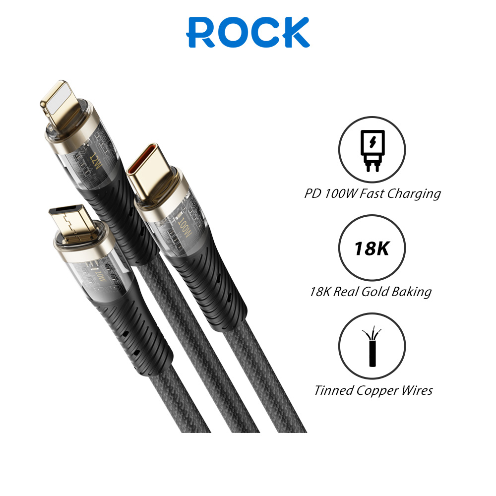 Rock G20 PD 100W Fast Charge 3-in-1 Lightning Micro-USB Type-C Nylon ...