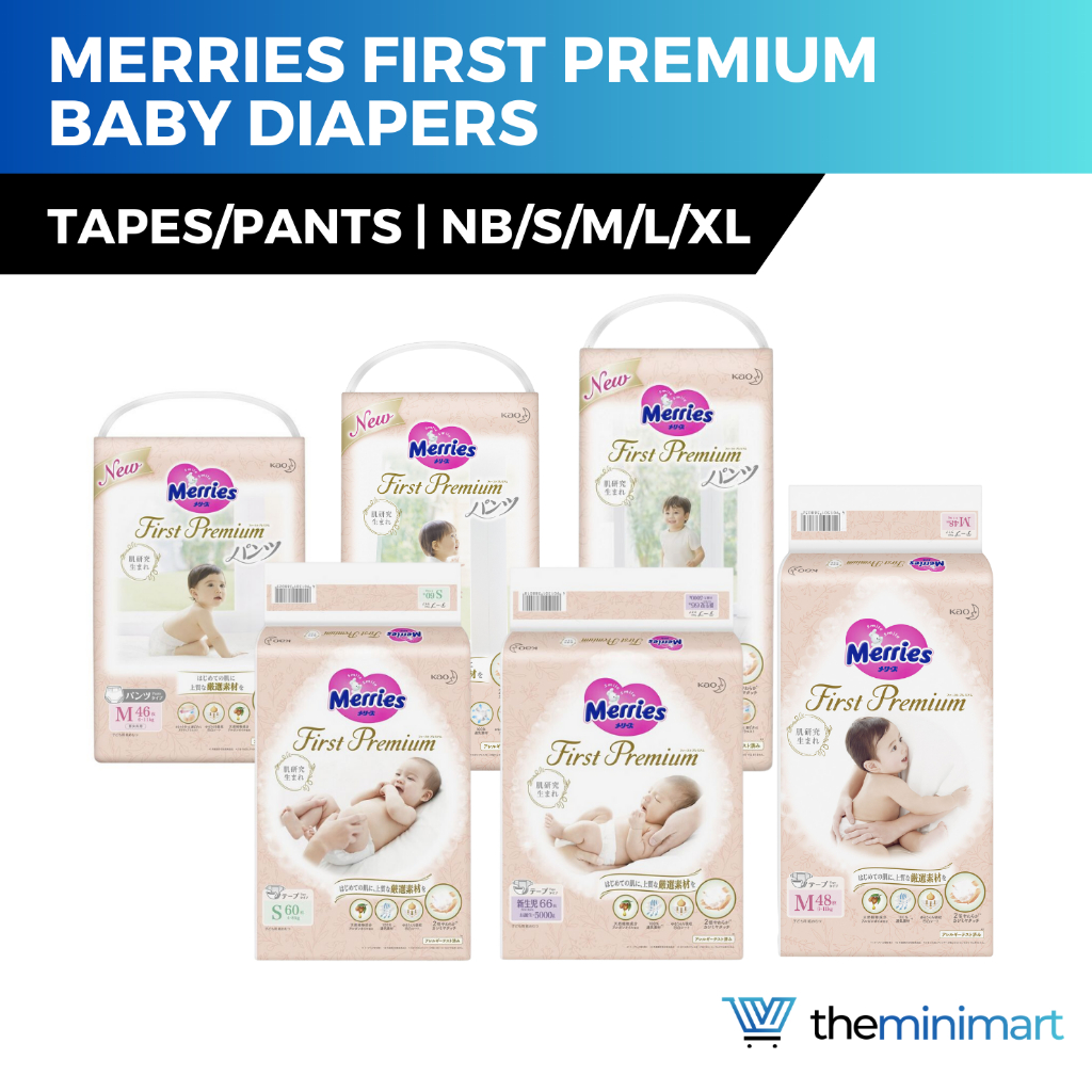 Merries First Premium Baby Diapers Tapes Pants - NB S M L XL (Made In ...
