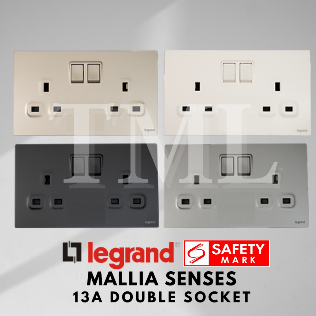 Legrand Mallia Senses Double Socket 2x13A Designer Matt Black Silver ...