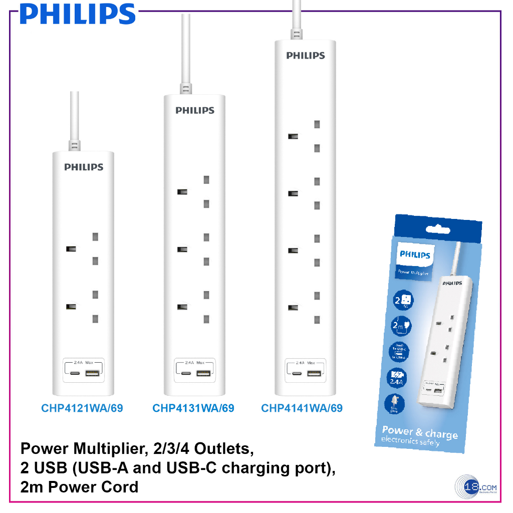 Philips Power Multiplier, 2/3/4 Outlets, 2 USB (USB-A and USB-C ...