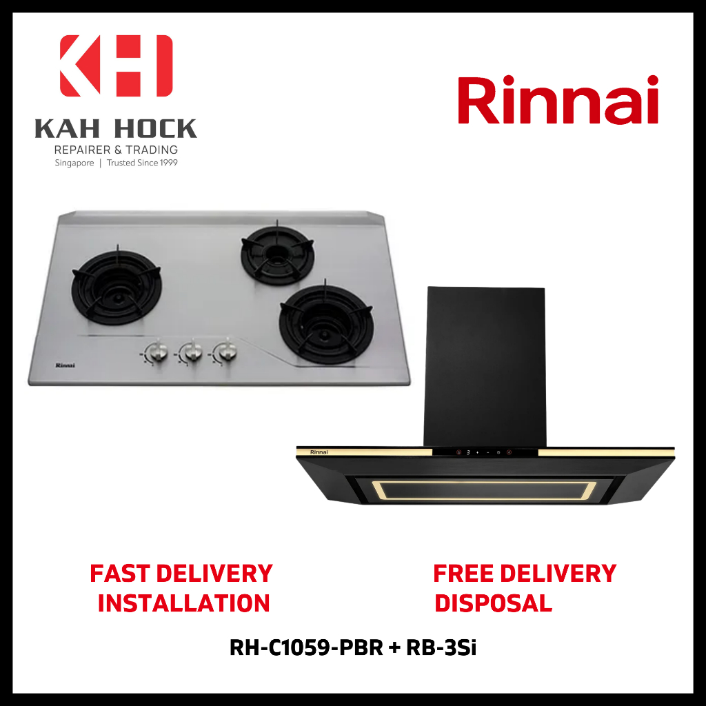 RINNAI RH-C1059-PBR CHIMNEY HOOD + RB-3Si INNER BURNER BUILT-IN STAINLESS STEEL HOB BUNDLE ...